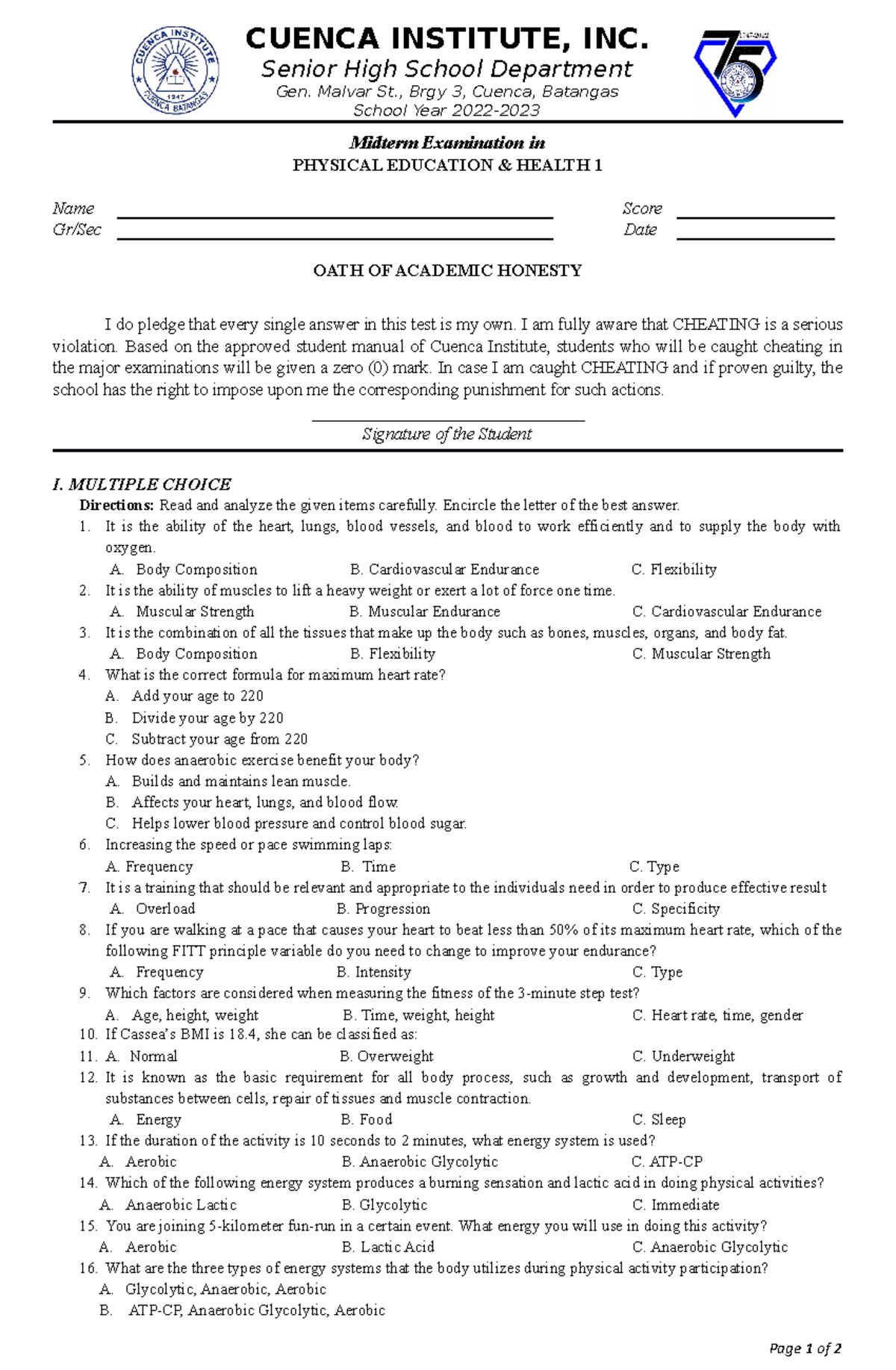 HOPE1 - Midterm Exam Review - Physical Education & Health 1 - Studocu