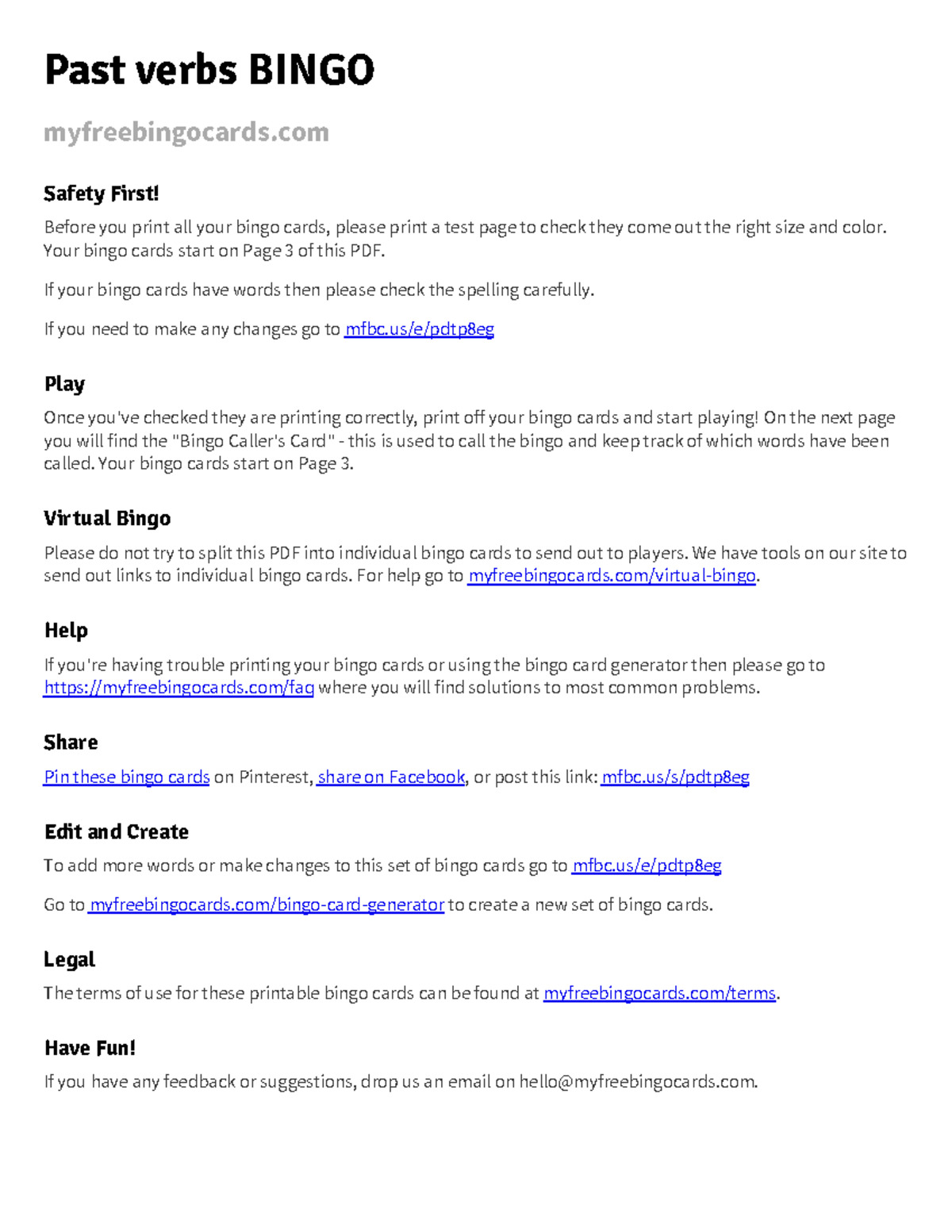 Past Verbs Bingo - Ingles Game Instructions and Cards - Studocu