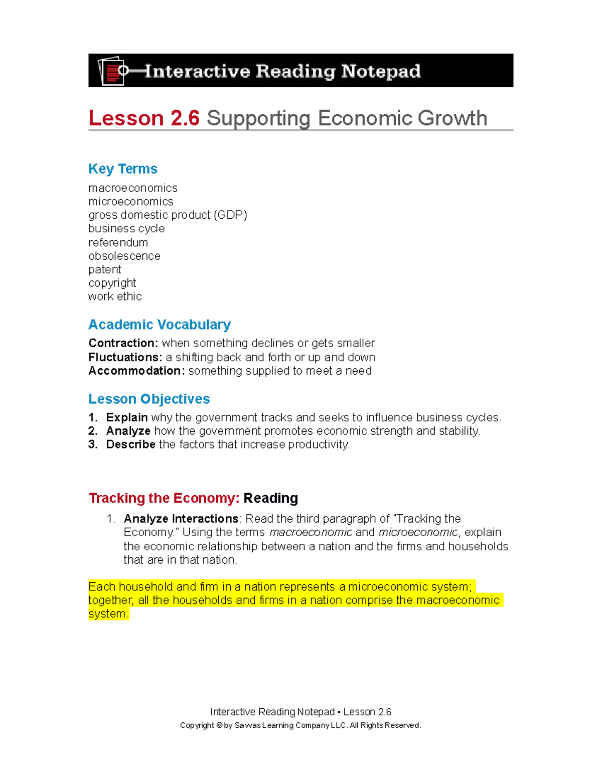 2.6 interactive reading economics worksheet - Lesson 2 Supporting ...