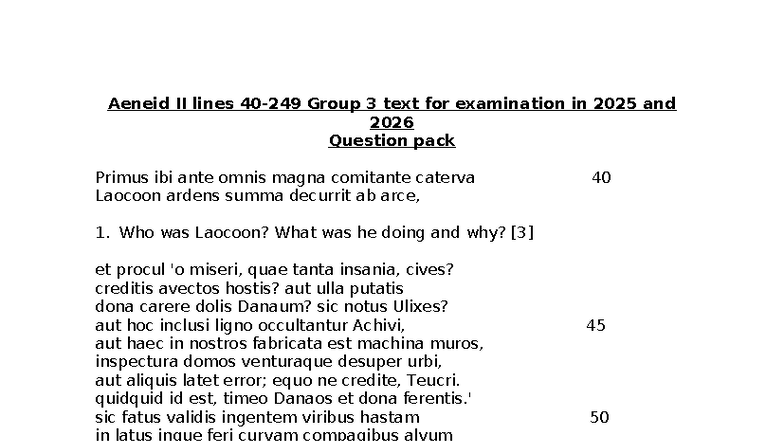 Aeneid II Lines 40-249 Exam Questions for Group 3 (2025-2026) - Studocu