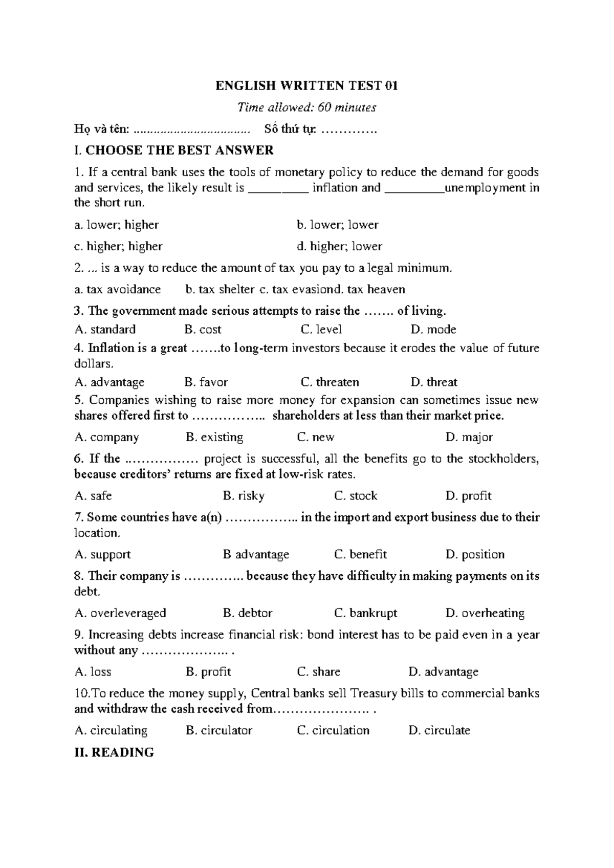 MIDTERM TEST 01 - ENGLISH WRITTEN TEST & READING EXERCISES - Studocu
