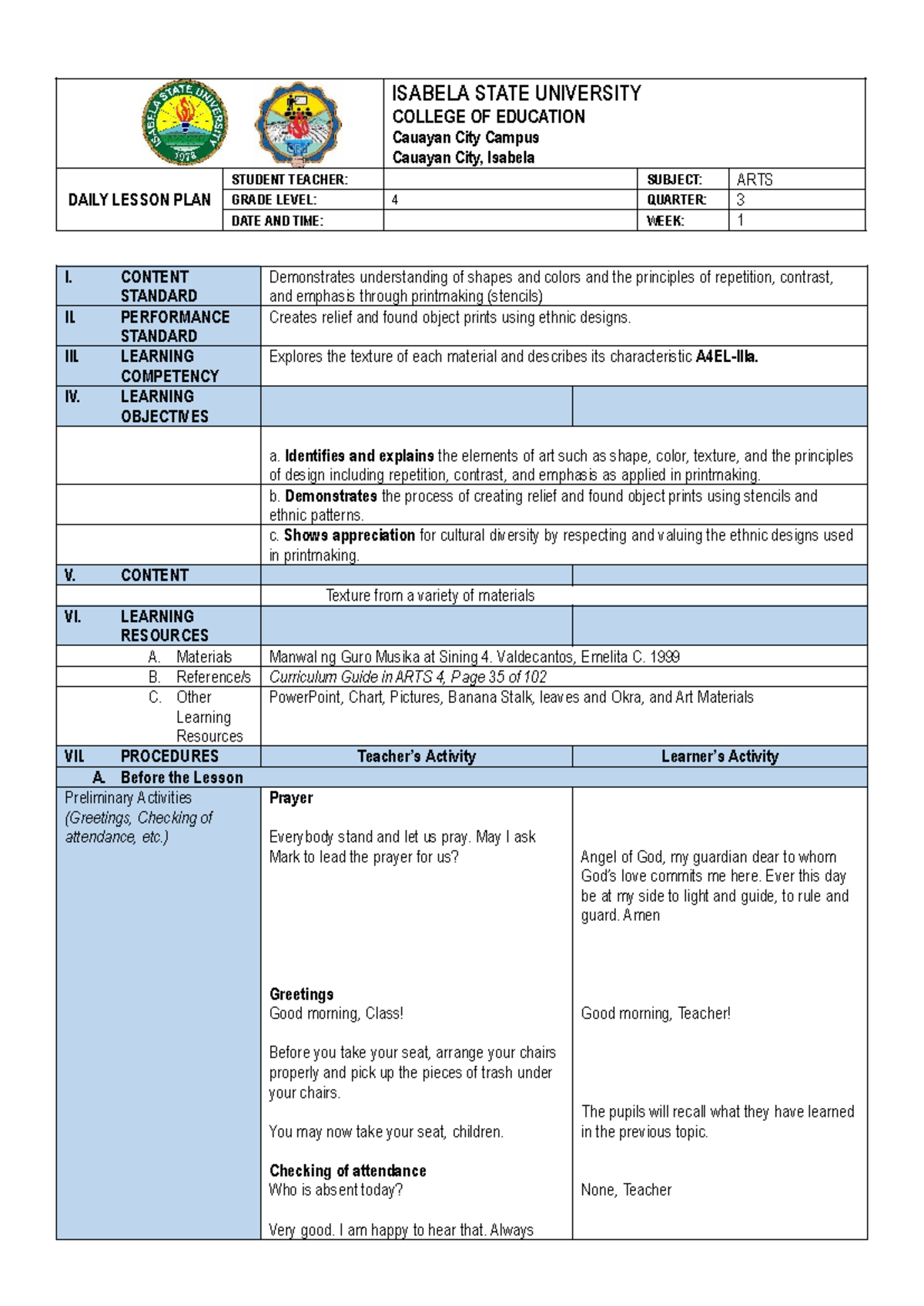 Arts 3 DLP: Daily Lesson Plan on Analogous Colors and Printmaking - Studocu