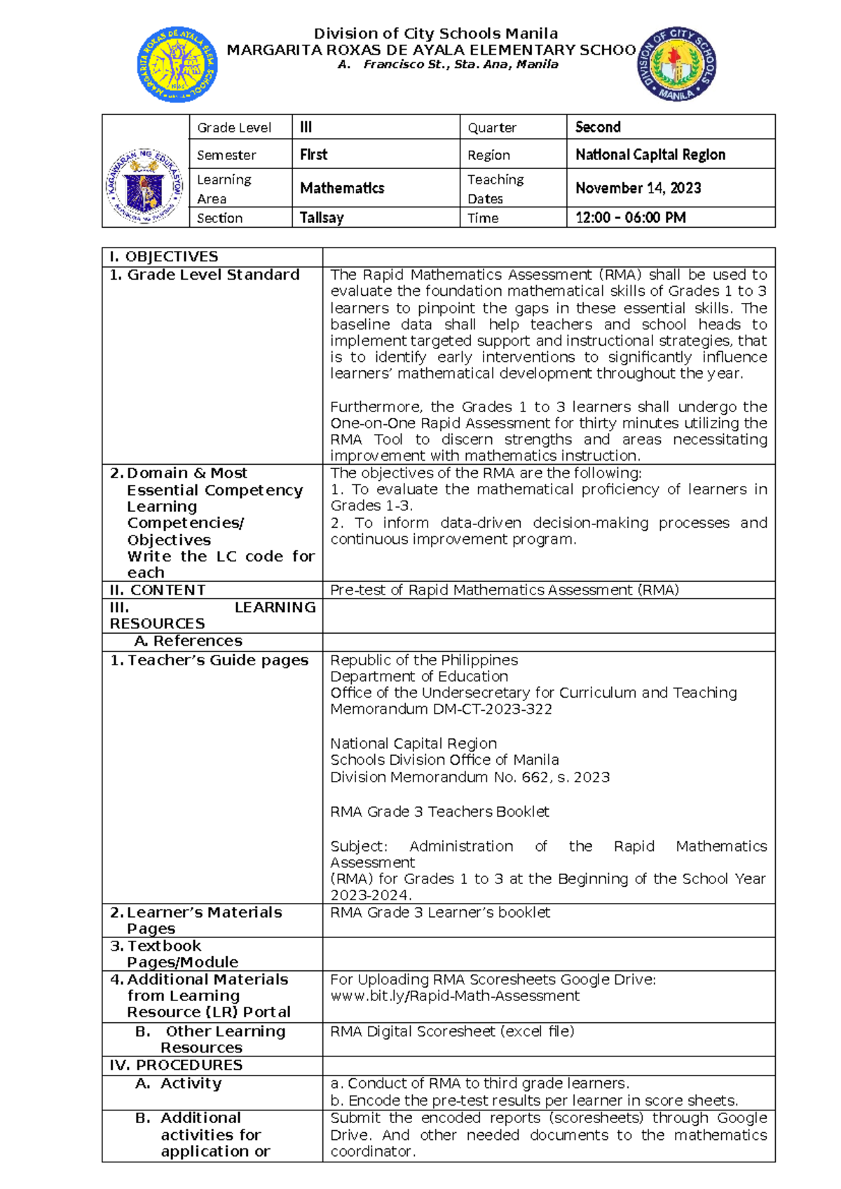 RMA Lesson Plan for Grade 3 Mathematics - November 14, 2023 - Studocu