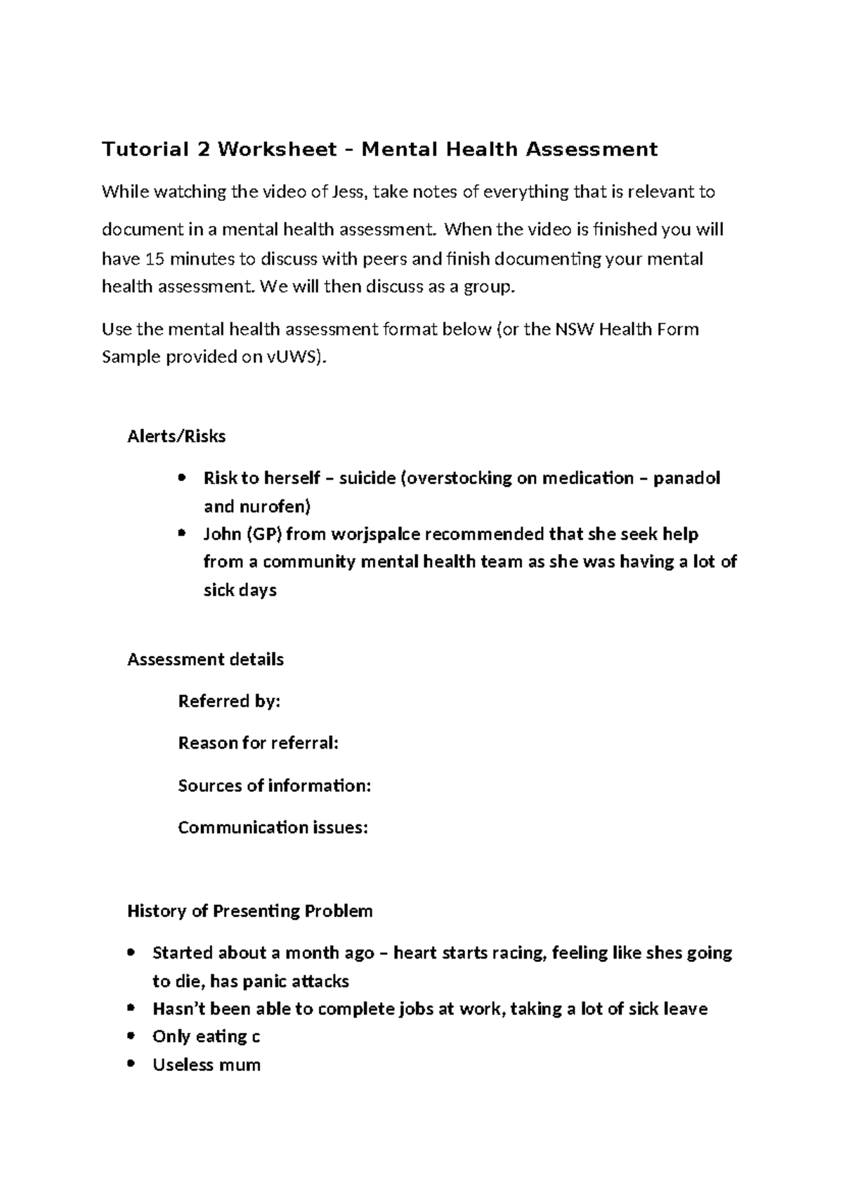 WK 2 - Mental Health Assessment Tutorial 2 Worksheet - Studocu
