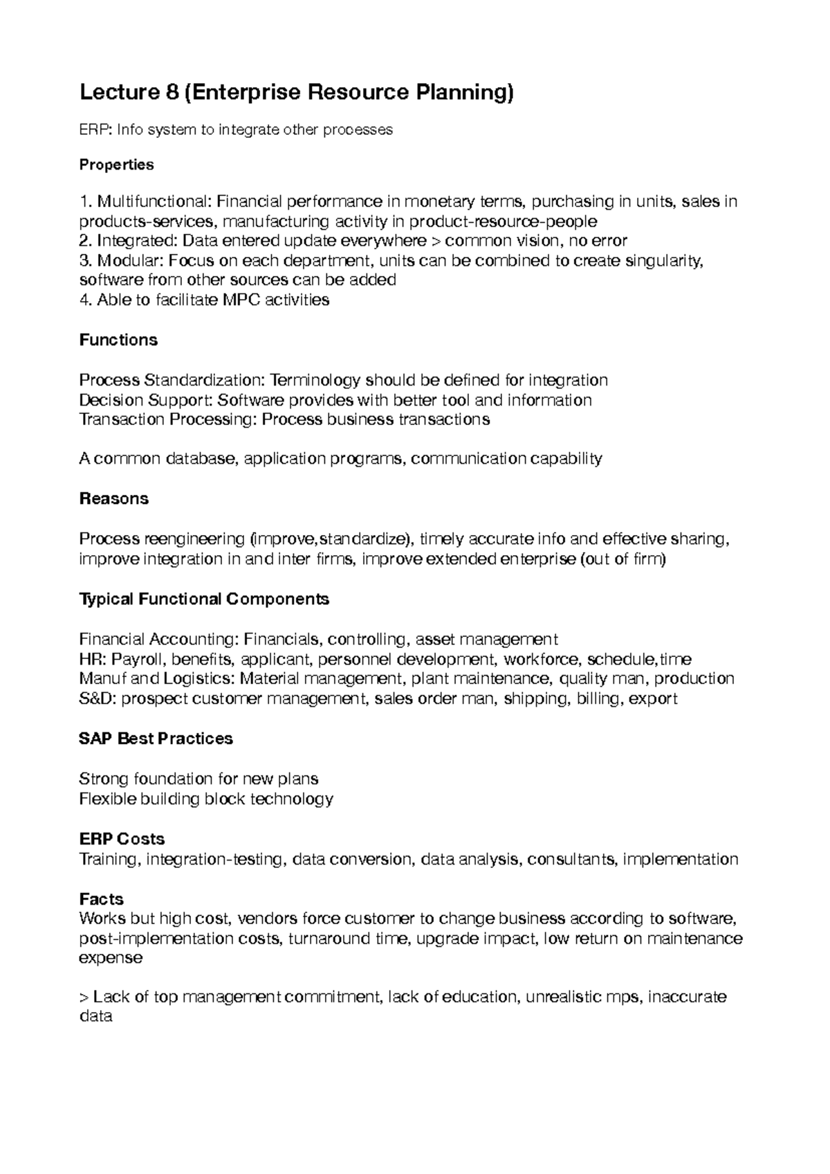 Lecture 8 & 10 Notes on ERP & JIT Concepts (Course 376) - Studocu