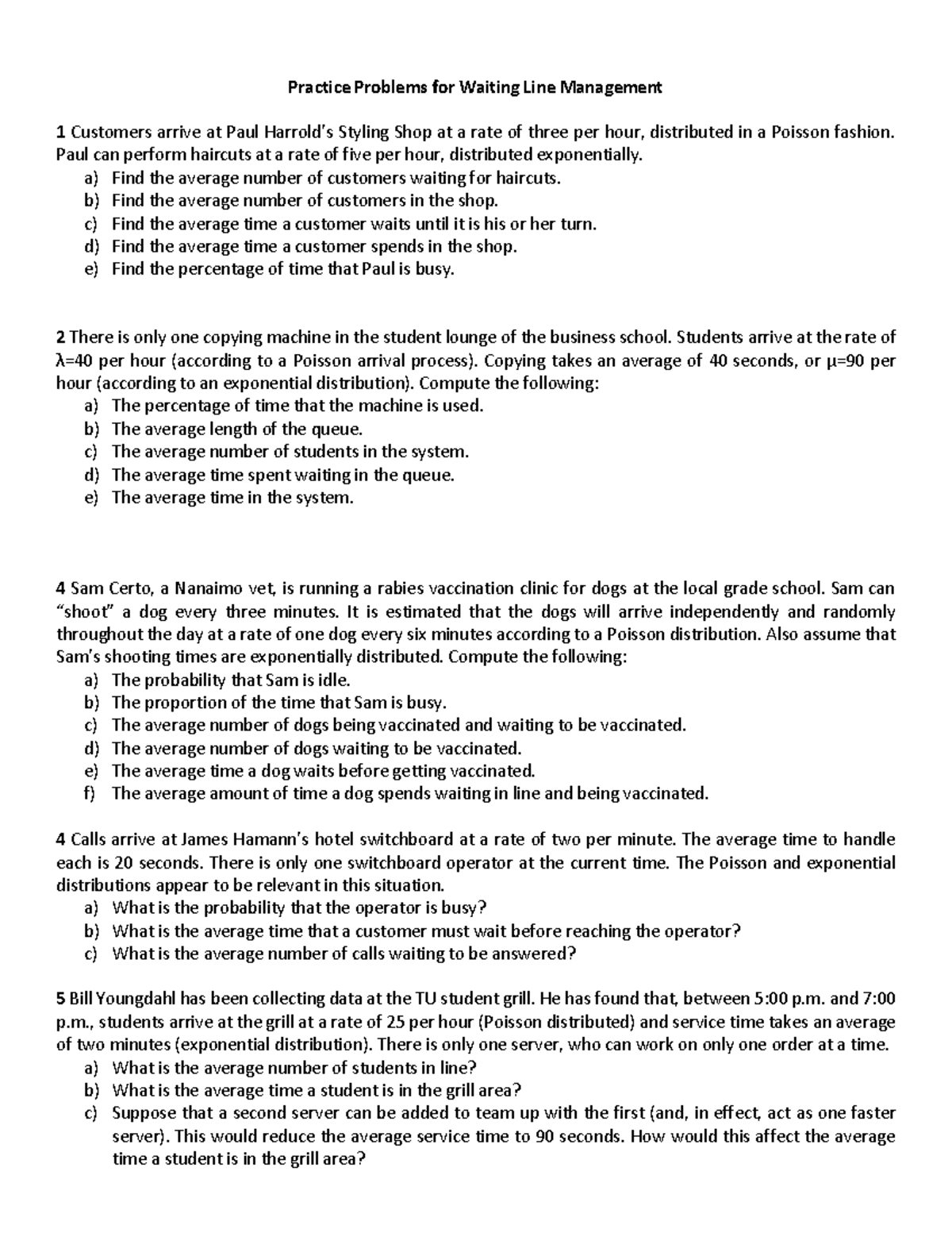 Practice Problems for Waiting Line Management (WLM 101) - Studocu