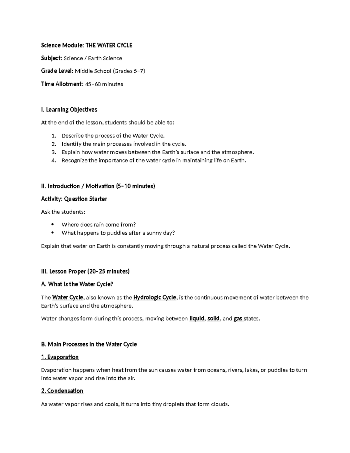 Science Module: The Water Cycle - Earth Science Lesson Plan - Studocu