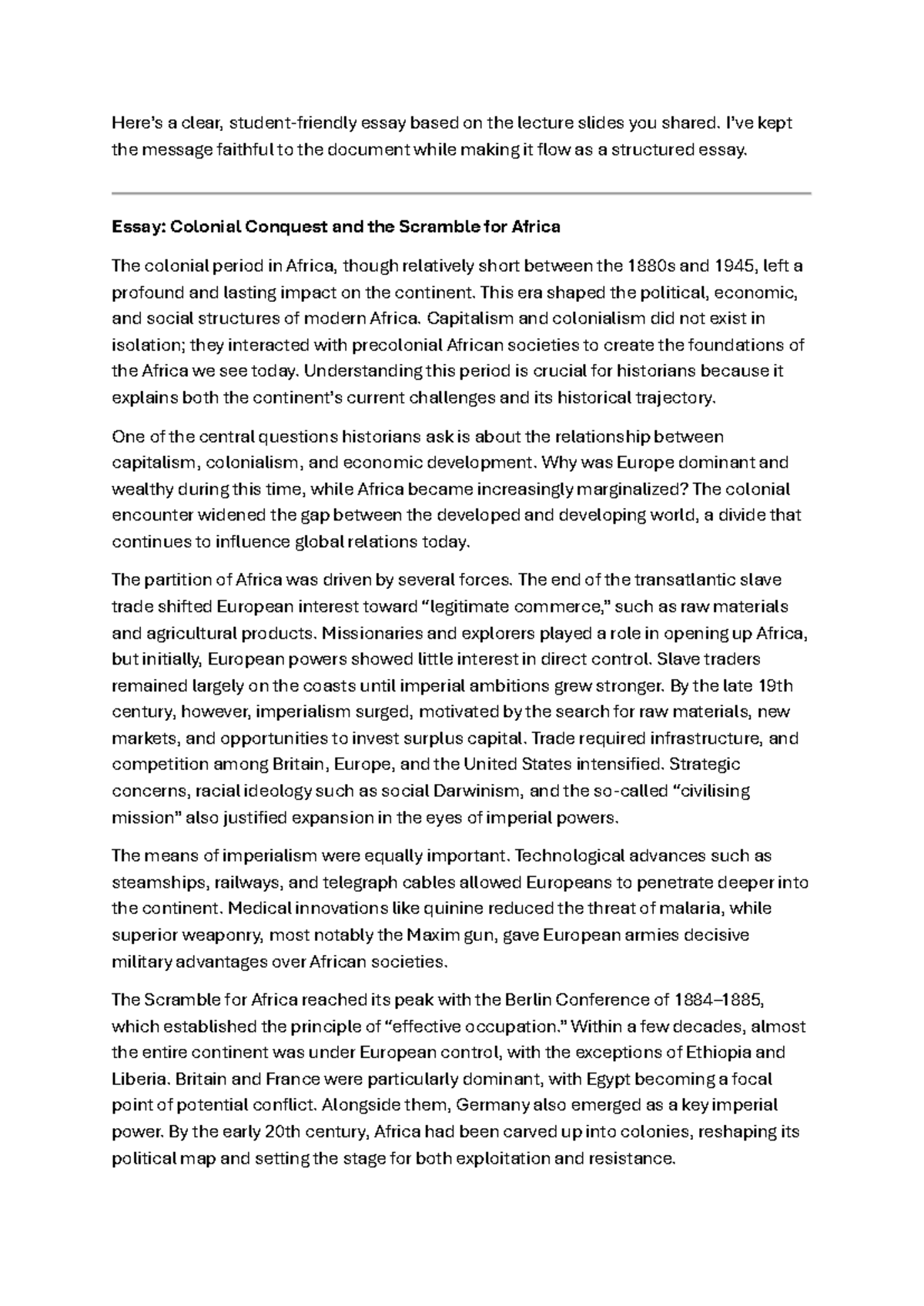 Colonial Conquest and the Scramble for Africa: Essay Notes (HIST 201 ...