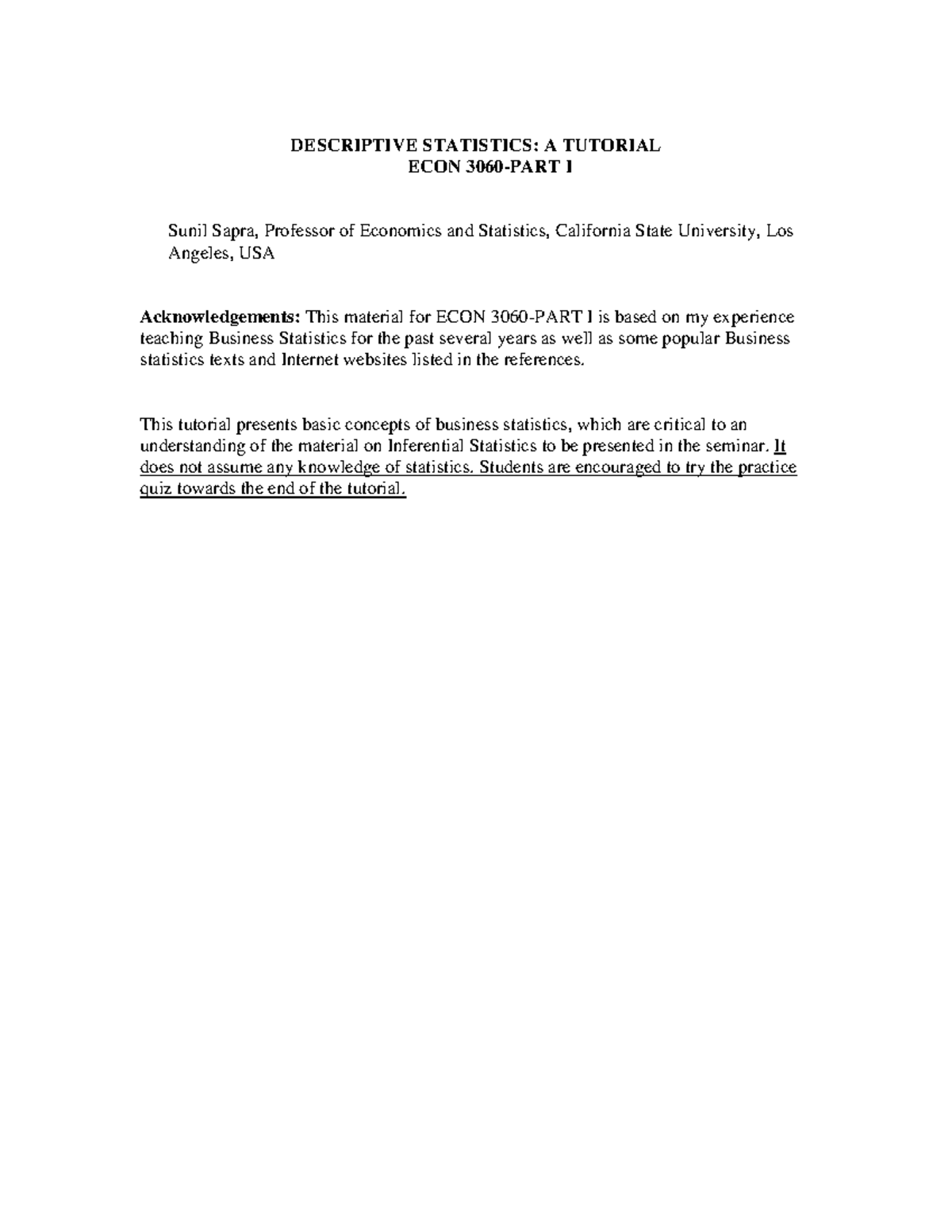 Descriptive Statistics Tutorial for ECON 3060: Key Concepts and ...