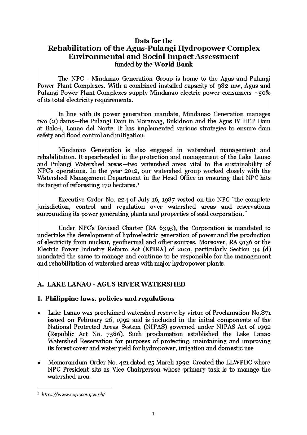 Rehabilitation of the Agus-Pulangi Hydropower Complex - Warning: TT ...