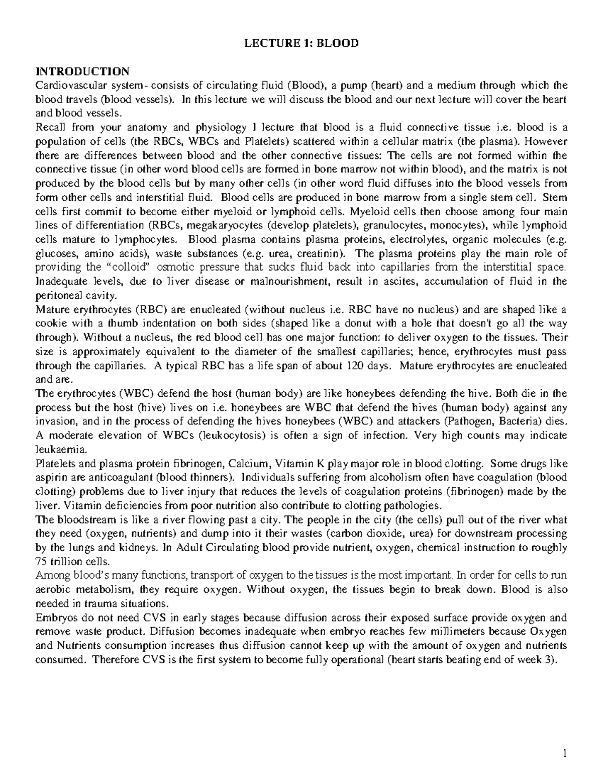 LECTURE 1: INTRODUCTION TO BLOOD AND ITS FUNCTIONS - Studocu