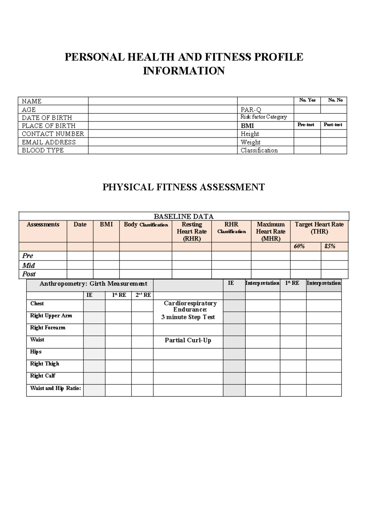 Baseline Data for Physical Education: Health & Fitness Profile - Studocu