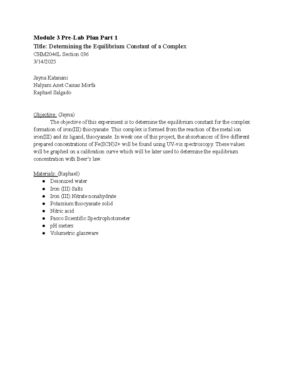 Module 3 Pre-Lab Plan Part 1 - Module 3 Pre-Lab Plan Part 1 Title: Determining the Equilibrium ...