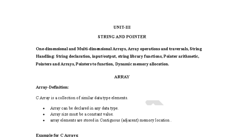 C Programming (C4) Unit 4: Strings, Pointers, and Arrays Overview - Studocu