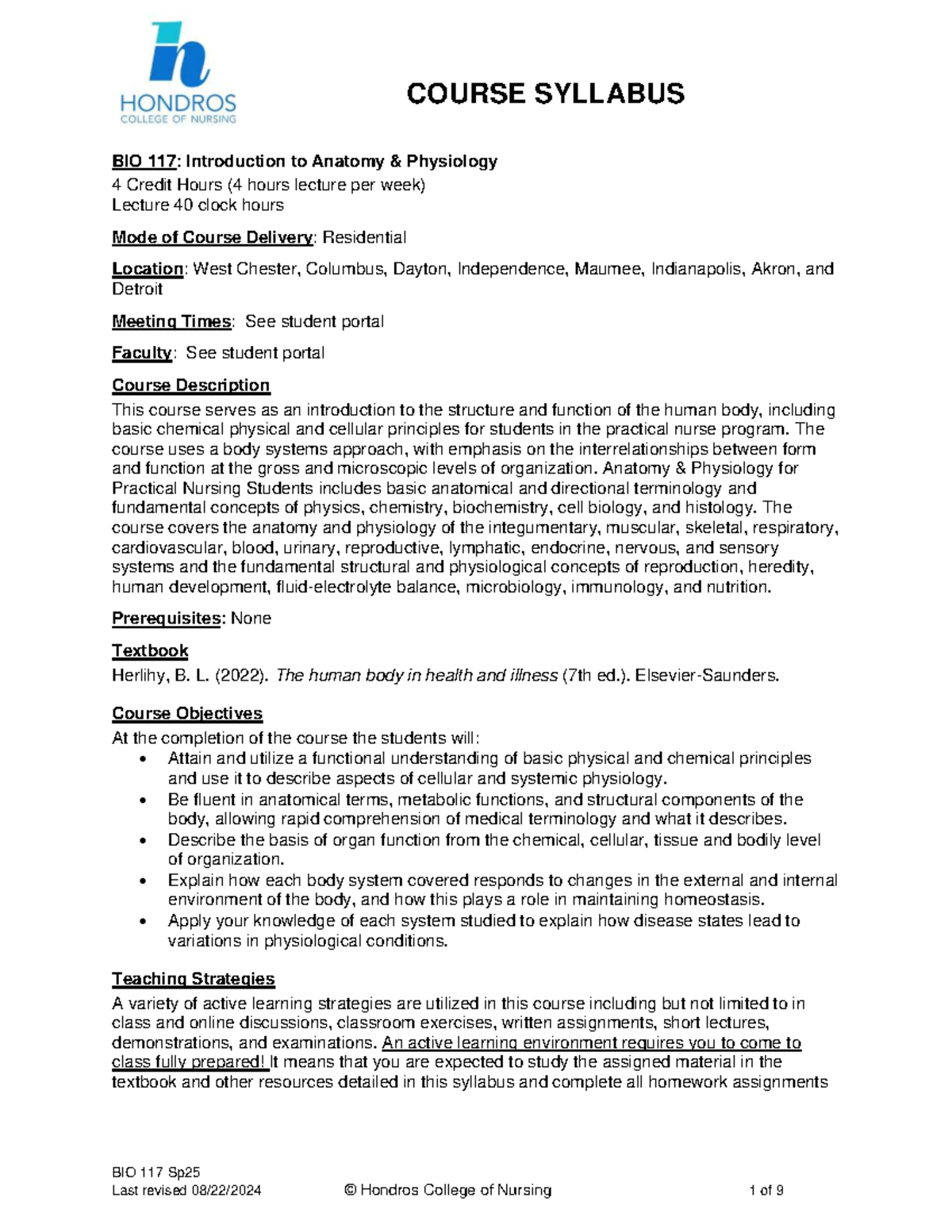 BIO 117: Syllabus for Introduction to Anatomy & Physiology Sp25 - Studocu