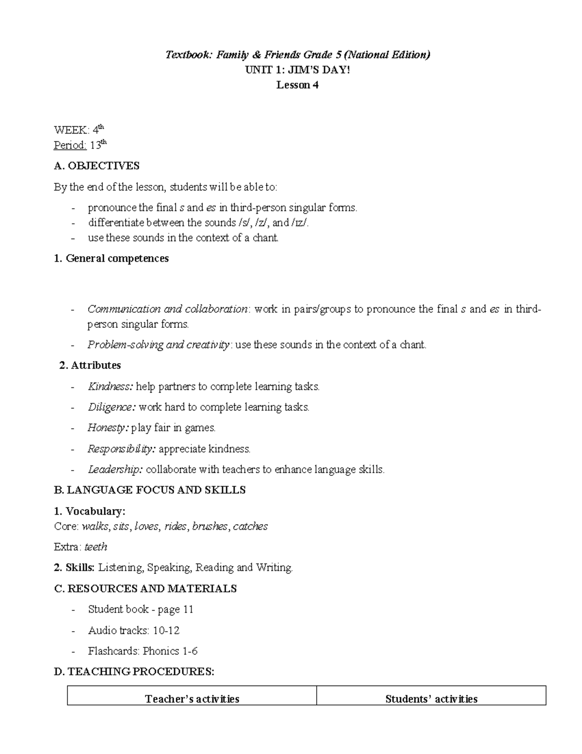 Grade 5 Family Friends: Week 4 Lesson Plans and Activities - Studocu