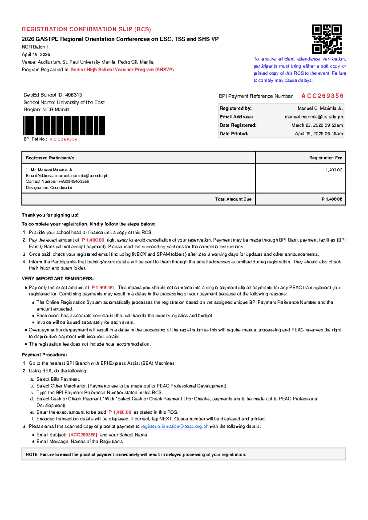 RCS Confirmation Slip for SHSVP 2026 Regional Orientation - Studocu