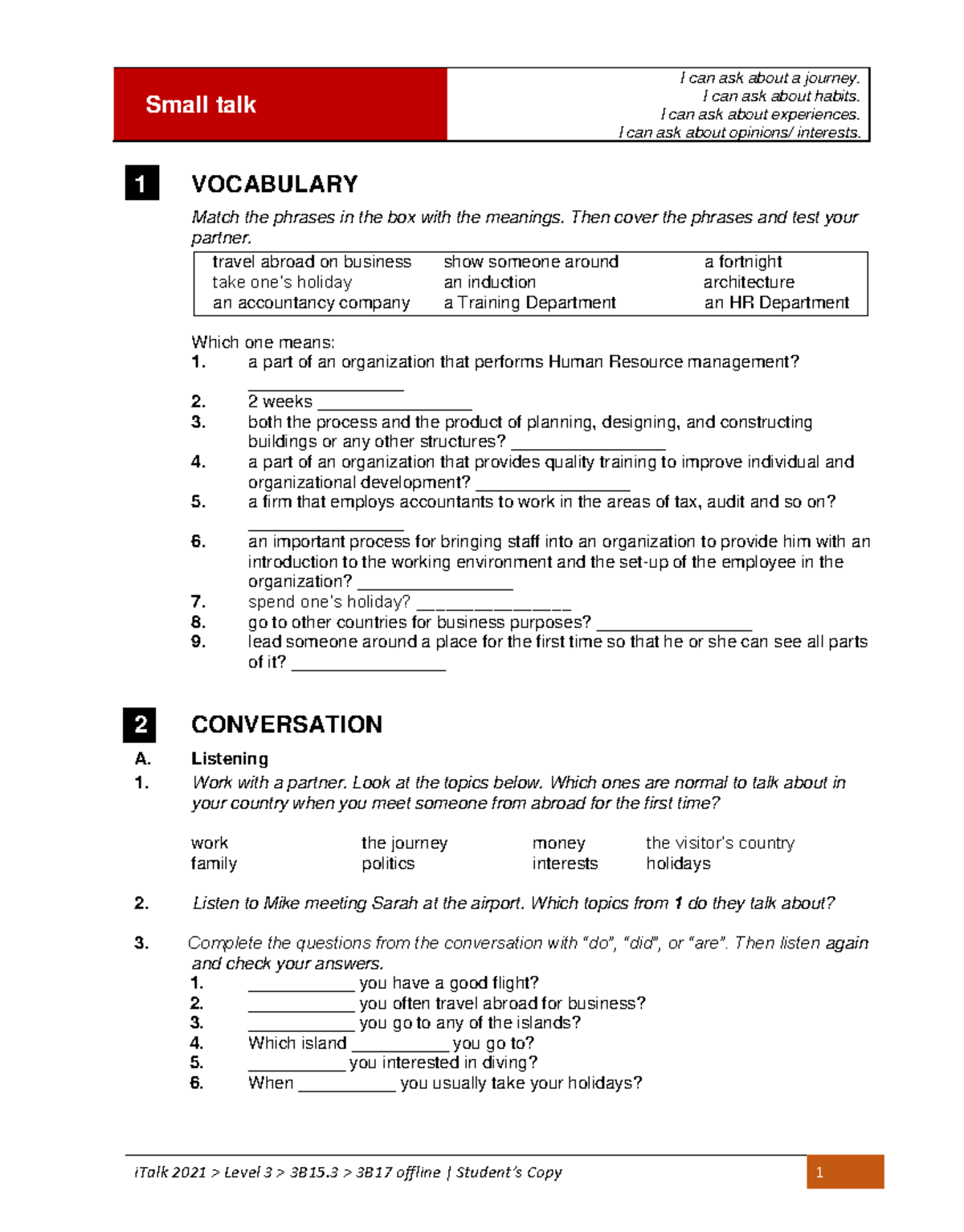 Small Talk Vocabulary & Conversation Practice - iTalk 2021 Level 3 ...