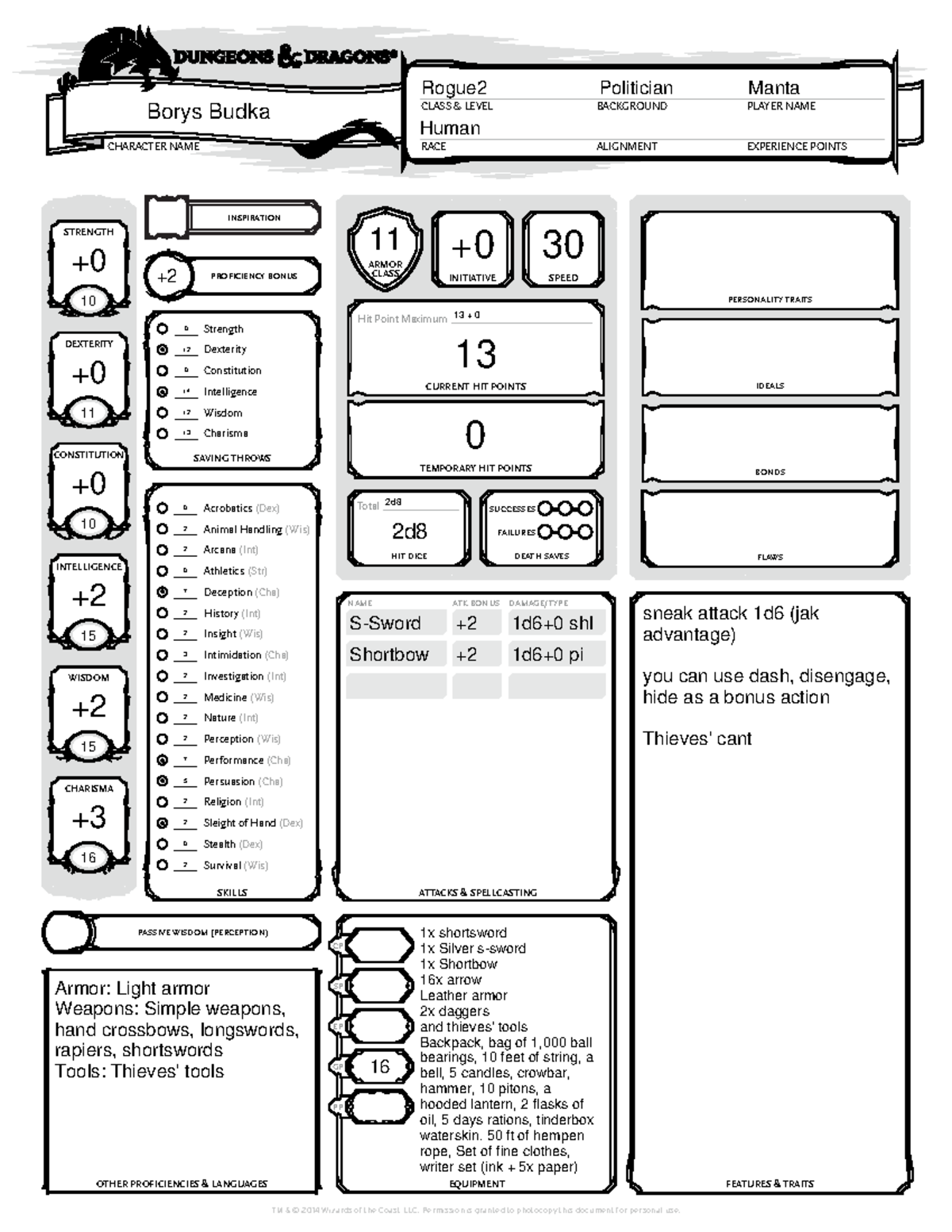 Manta Character Sheet - Borys Budka Rogue2 Class Details - Studocu