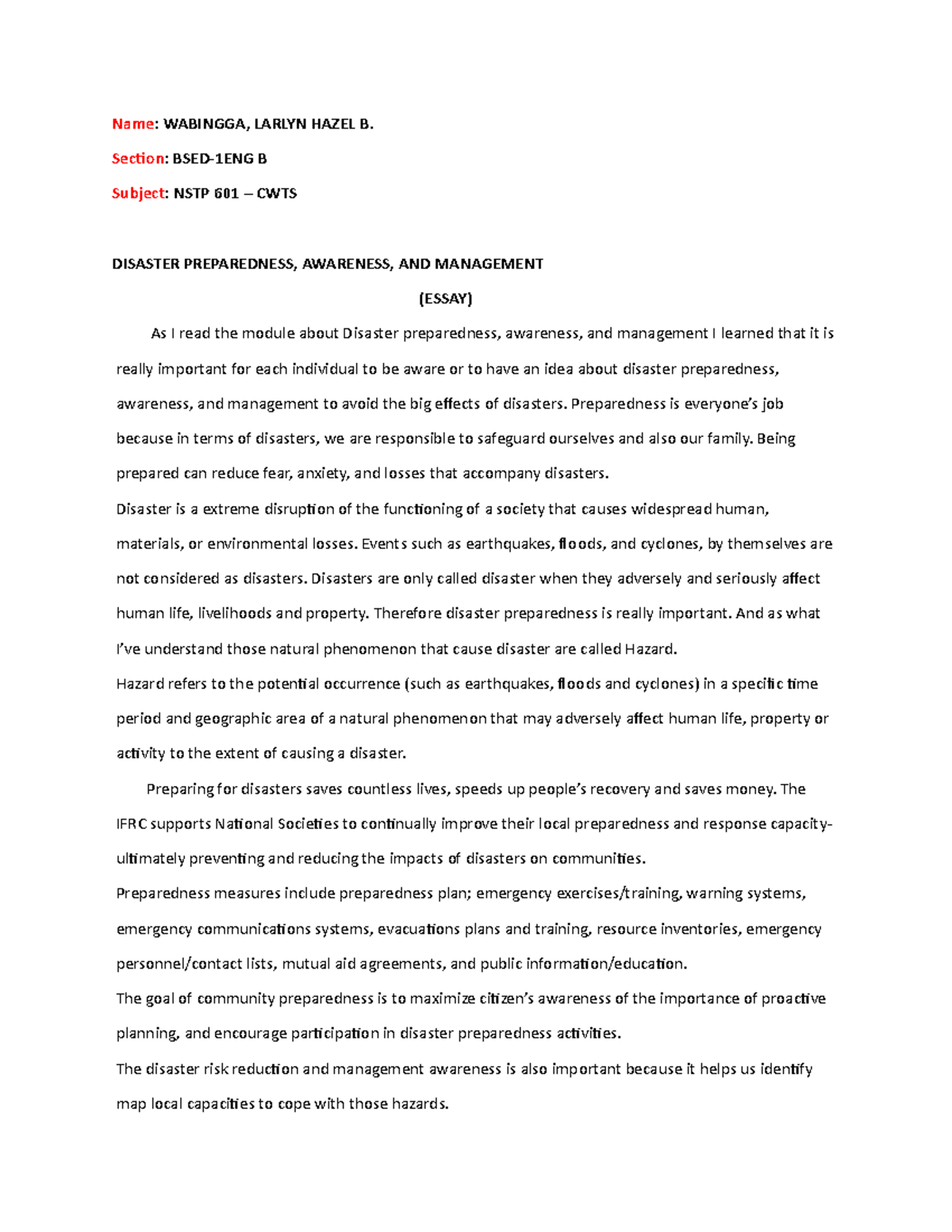 NSTP 601 - CWTS: Essay on Disaster Preparedness and Management - Studocu