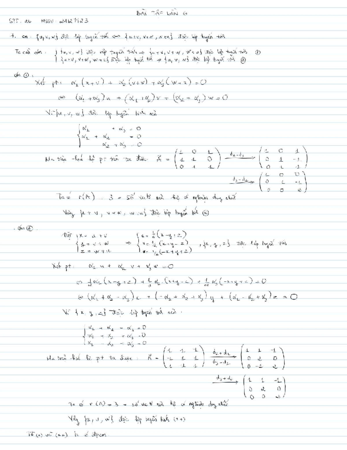 BT6 26 24127123 - Linear Independence and Matrix Transformations - Studocu