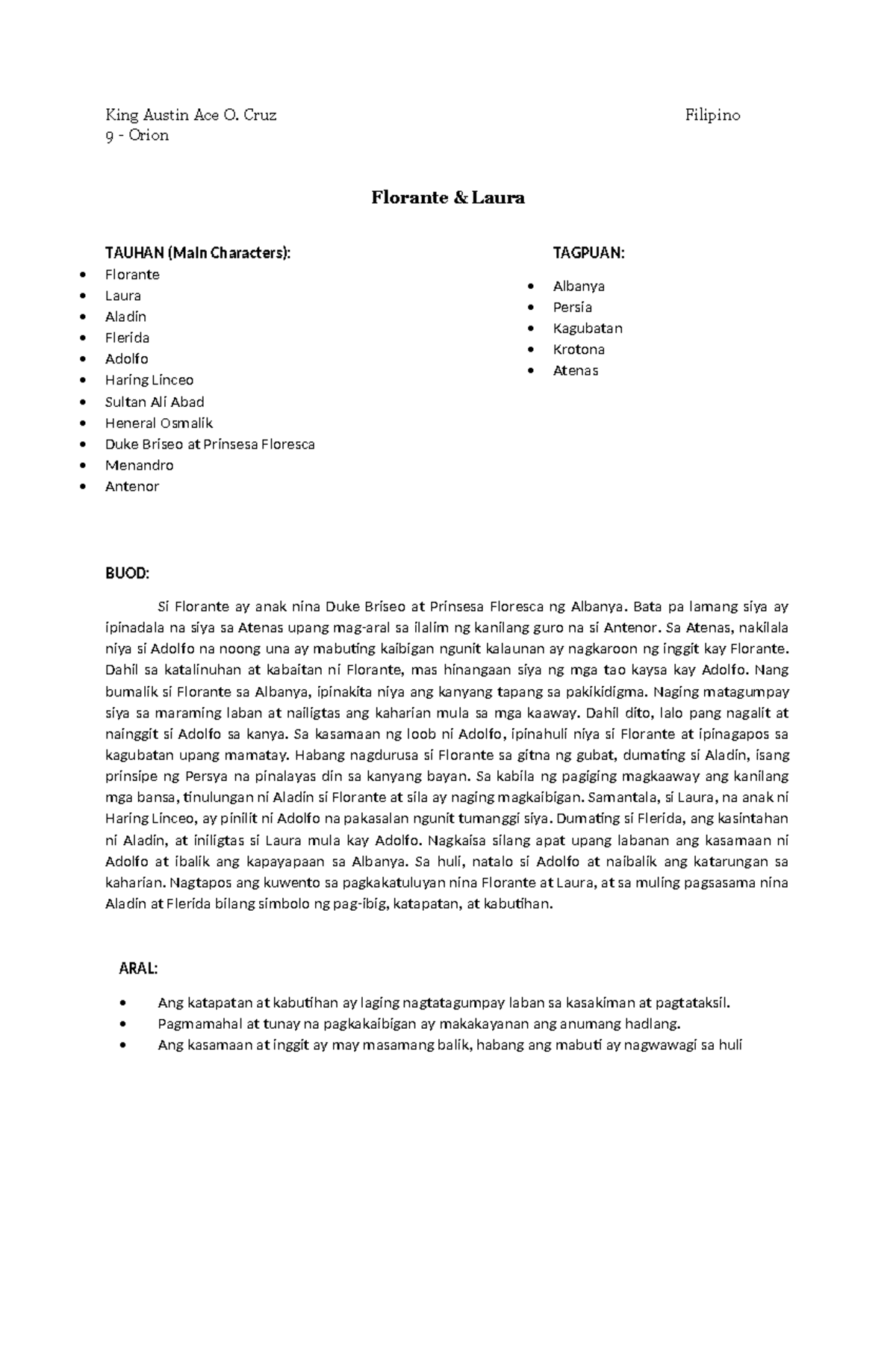 Florante at Laura: Mga Tauhan, Tagpuan, at Aral (Filipino 9) - Studocu