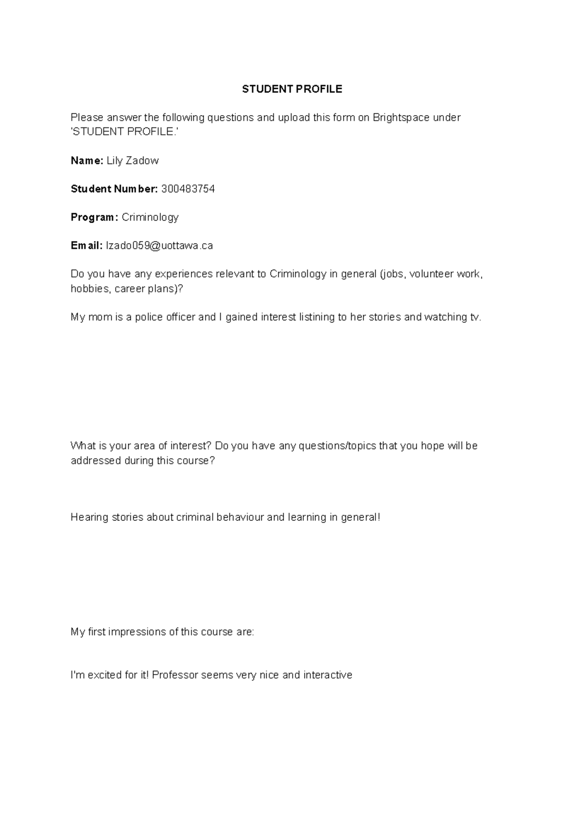Criminology Student Profile: Lily Zadow - Course Insights - Studocu