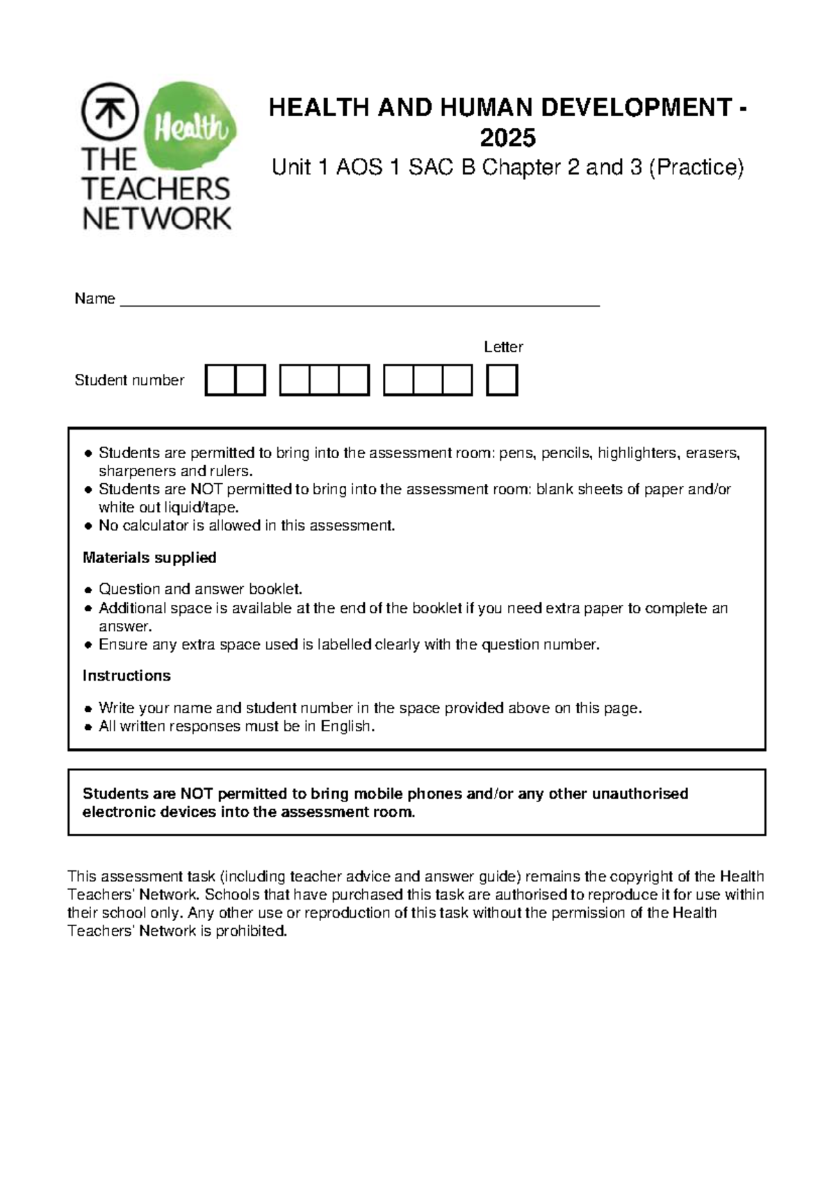 HEALTH AND HUMAN DEVELOPMENT 2025 Unit 1 AOS 1 SAC B Practice Questions ...
