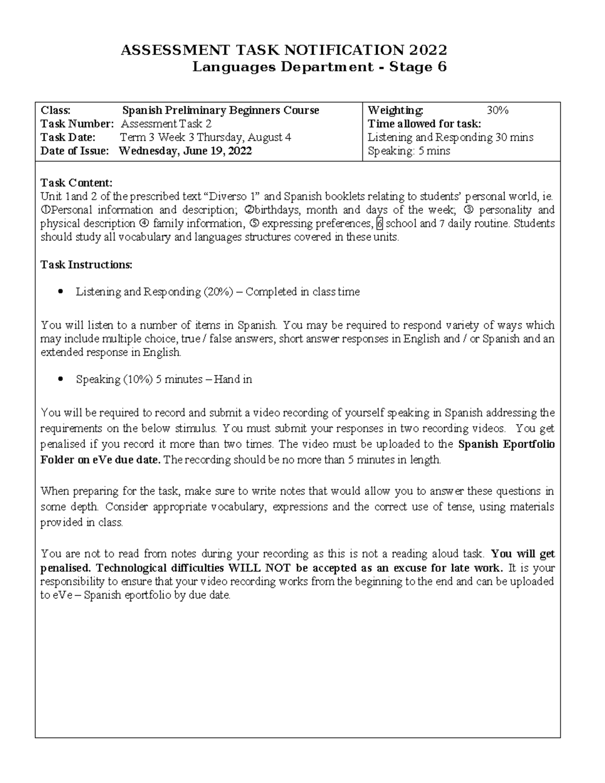 2022 Year 11 Spanish Assessment Task 2 Notification - ASSESSMENT TASK ...