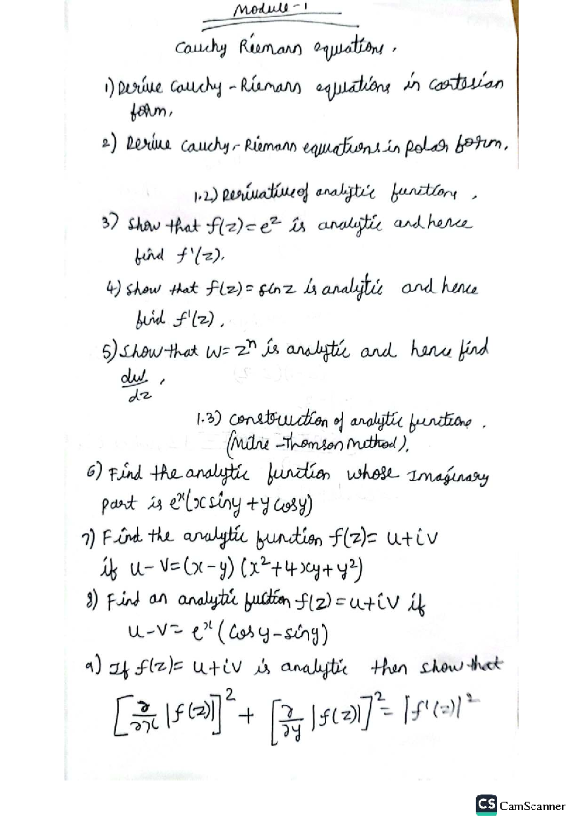 21MAT41-1 - M4 Notes on Cauchy-Riemann Equations and Analytic Functions ...