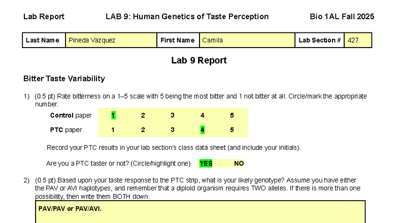 Lab 9 Report: Human Genetics of Taste Perception (Bio 1AL Fall 2025 ...