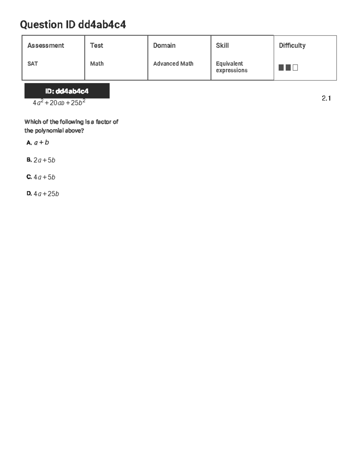 SAT Math Assessment Test: Equivalent Expressions 2 - Studocu