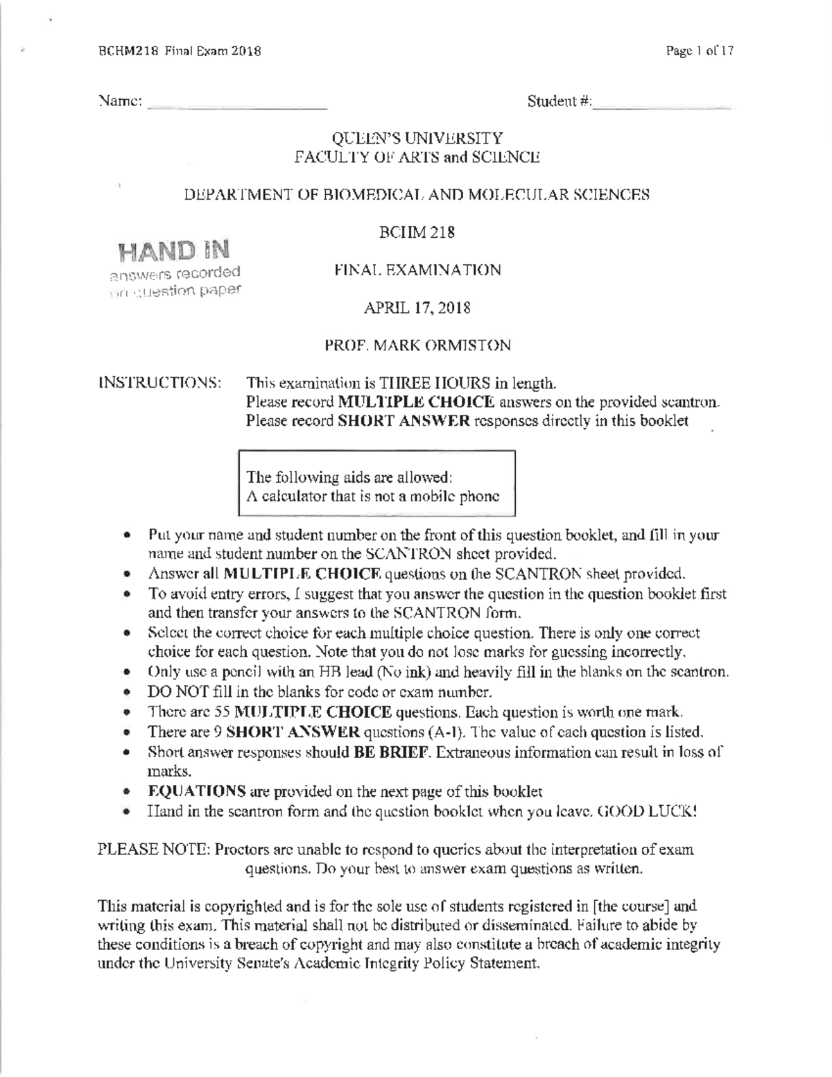 BCHM218 Final Exam Review Notes - April 2018 - Studocu