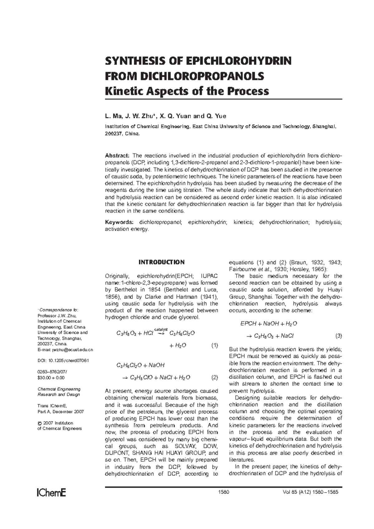 Synthesis Kinetics of Epichlorohydrin from Dichloropropanols - Studocu