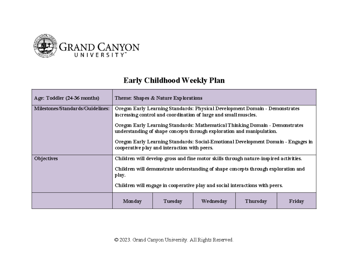 ECE-210-T7 Early Childhood Weekly Plan: Shapes & Nature Activities ...