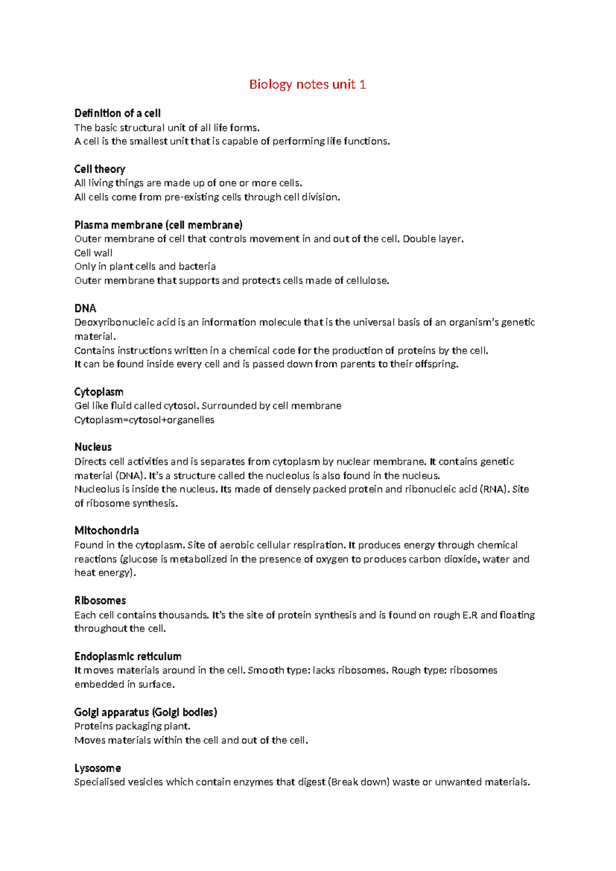 Biology notes unit 1 - A cell is the smallest unit that is capable of ...