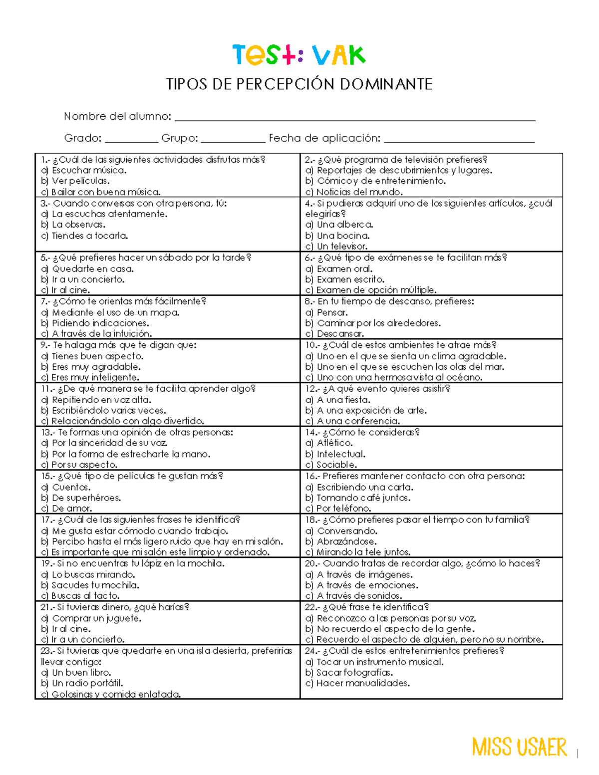 Test VAK - ESTILOS DE APRENDIZAJE - | Test: VAK TIPOS DE PERCEPCI”N ...