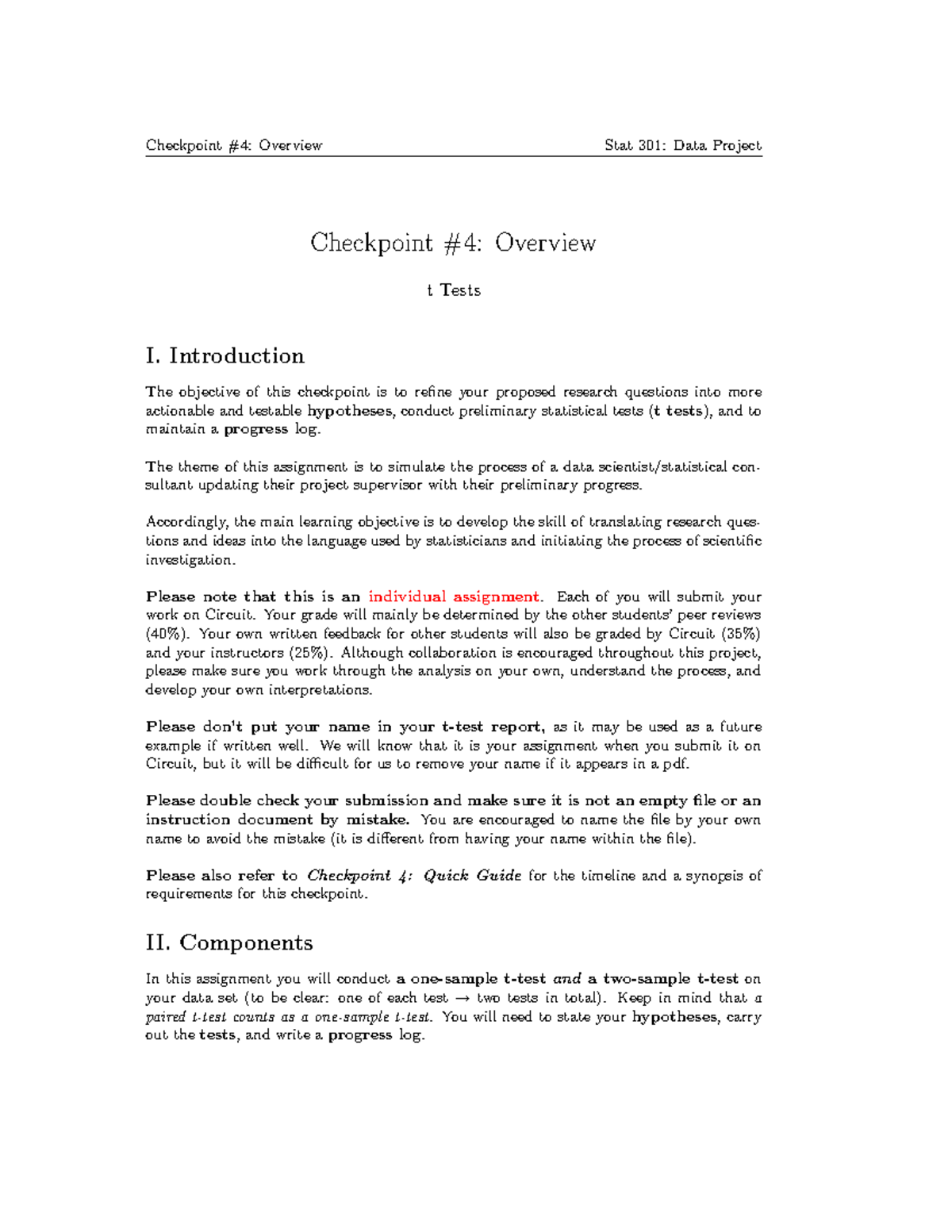 Stat 301: Data Project Checkpoint Overview & t Tests Guide - Studocu