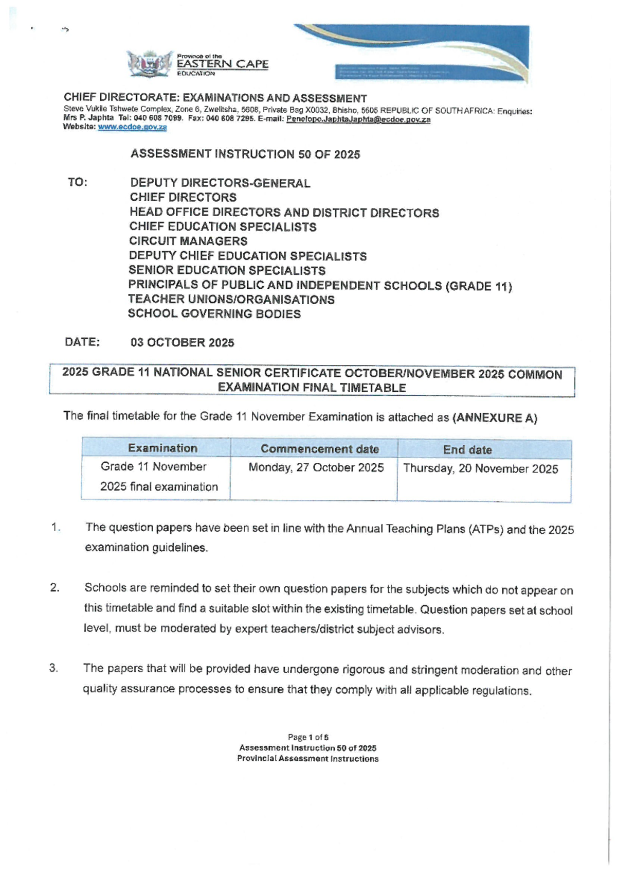 Grade 11 NSC 2025 Final Examination Timetable - Studocu