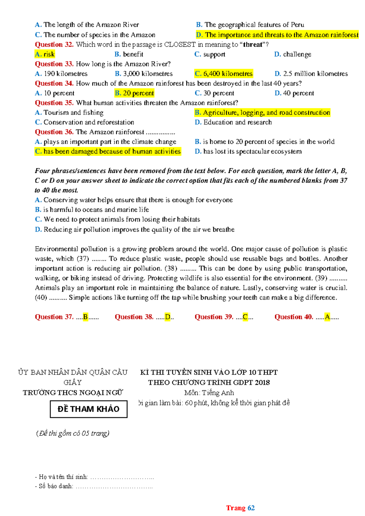 English Test for 10th Grade Entrance Exam Preparation (9-10) - Studocu