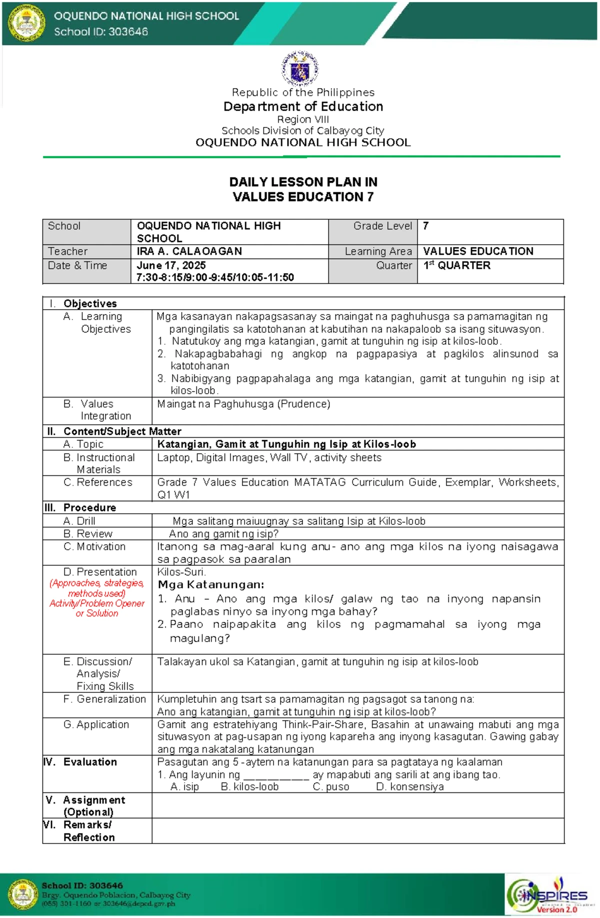 VE7 Q1: Daily Lesson Plan in Values Education 7 (June 19, 2025) - Studocu