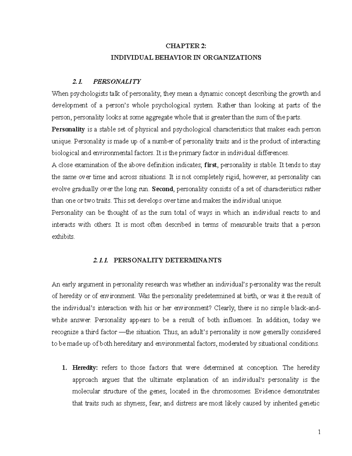 Chapter 2: Individual Behavior in Organizations - Focus on Personality ...