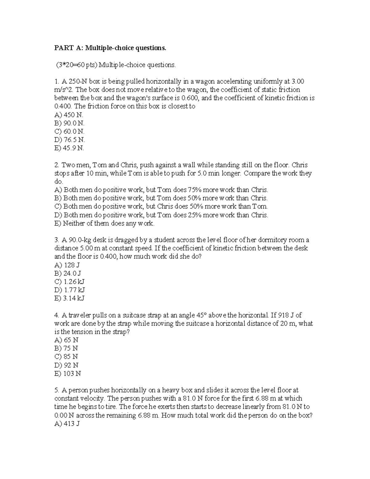 PHY1101 Exam Paper Example: Mechanics and Work Problems - Studocu