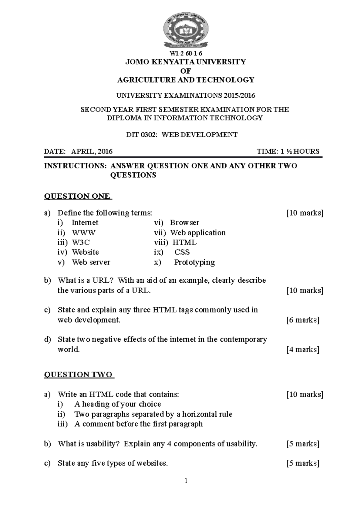 DIT 0302 Web Development - W1-2-60-1- JOMO KENYATTA UNIVERSITY OF ...