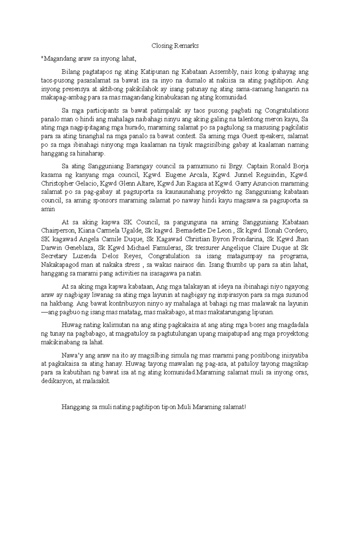 SK Assembly Closing Remarks: Pagpupugay at Pasasalamat - Studocu