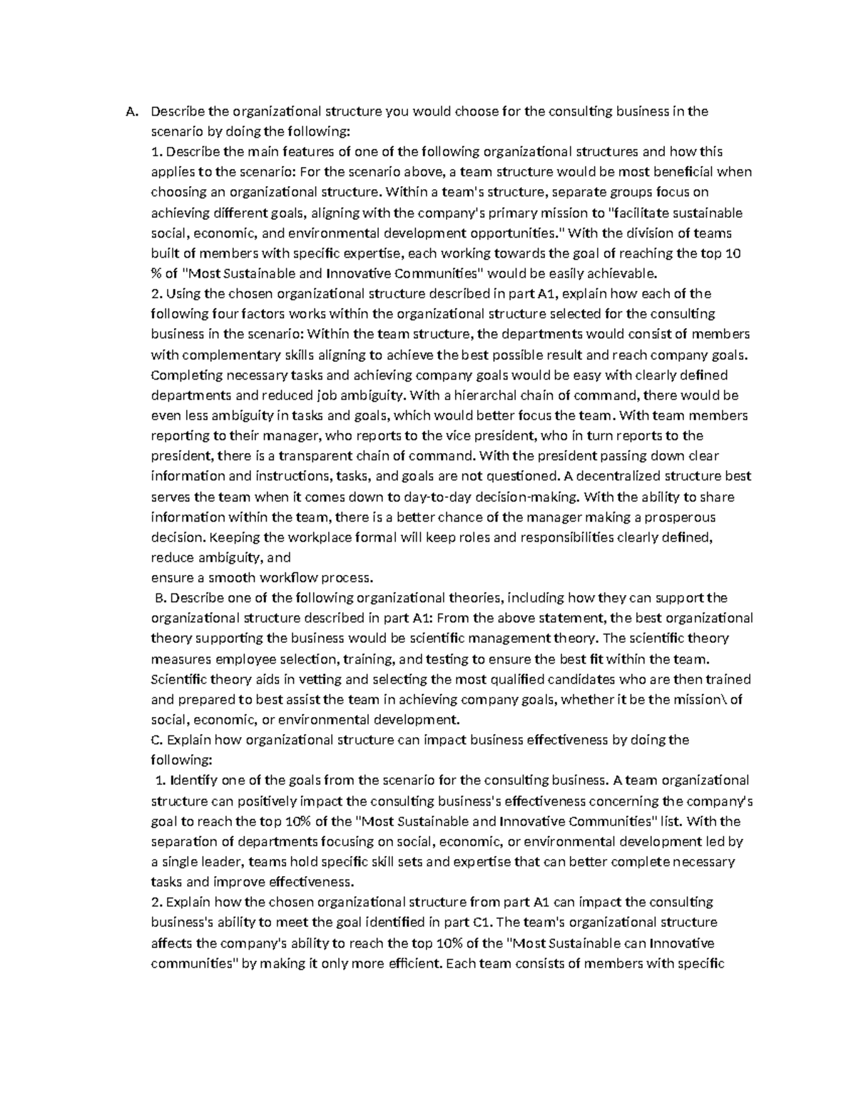 D078 task1 - task 1 passed - A. Describe the organizational structure you would choose for the ...