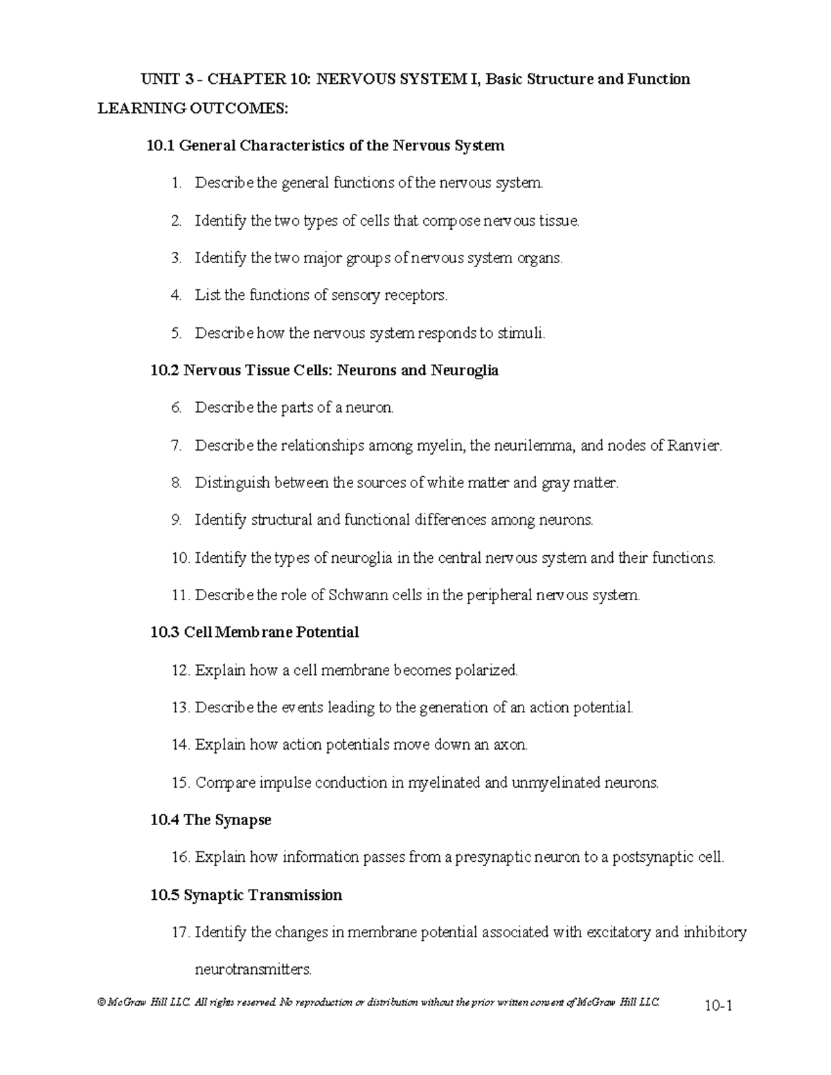UNIT 3 CHAPTER 10: NERVOUS SYSTEM I - Detailed Lecture Outline - Studocu