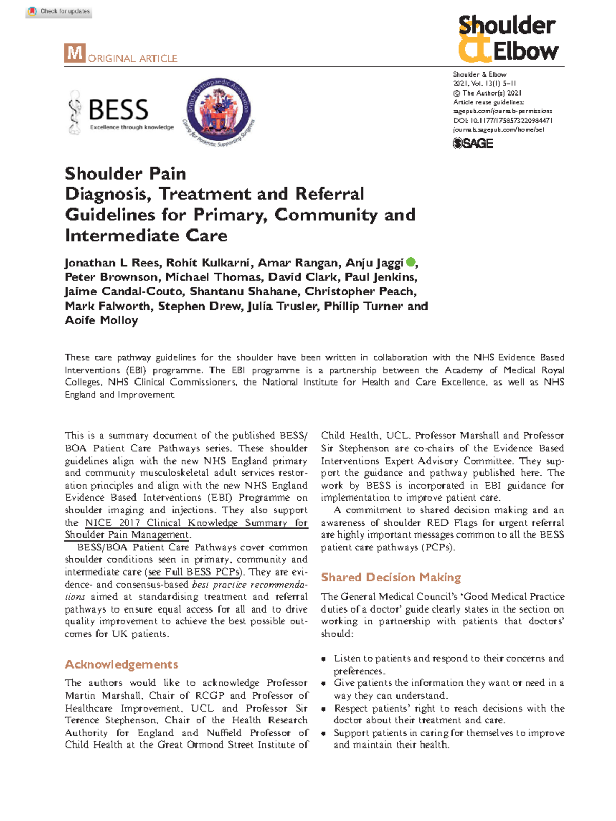 Shoulder Pain Management: BESS/BOA EBI Guidelines for Care - Studocu