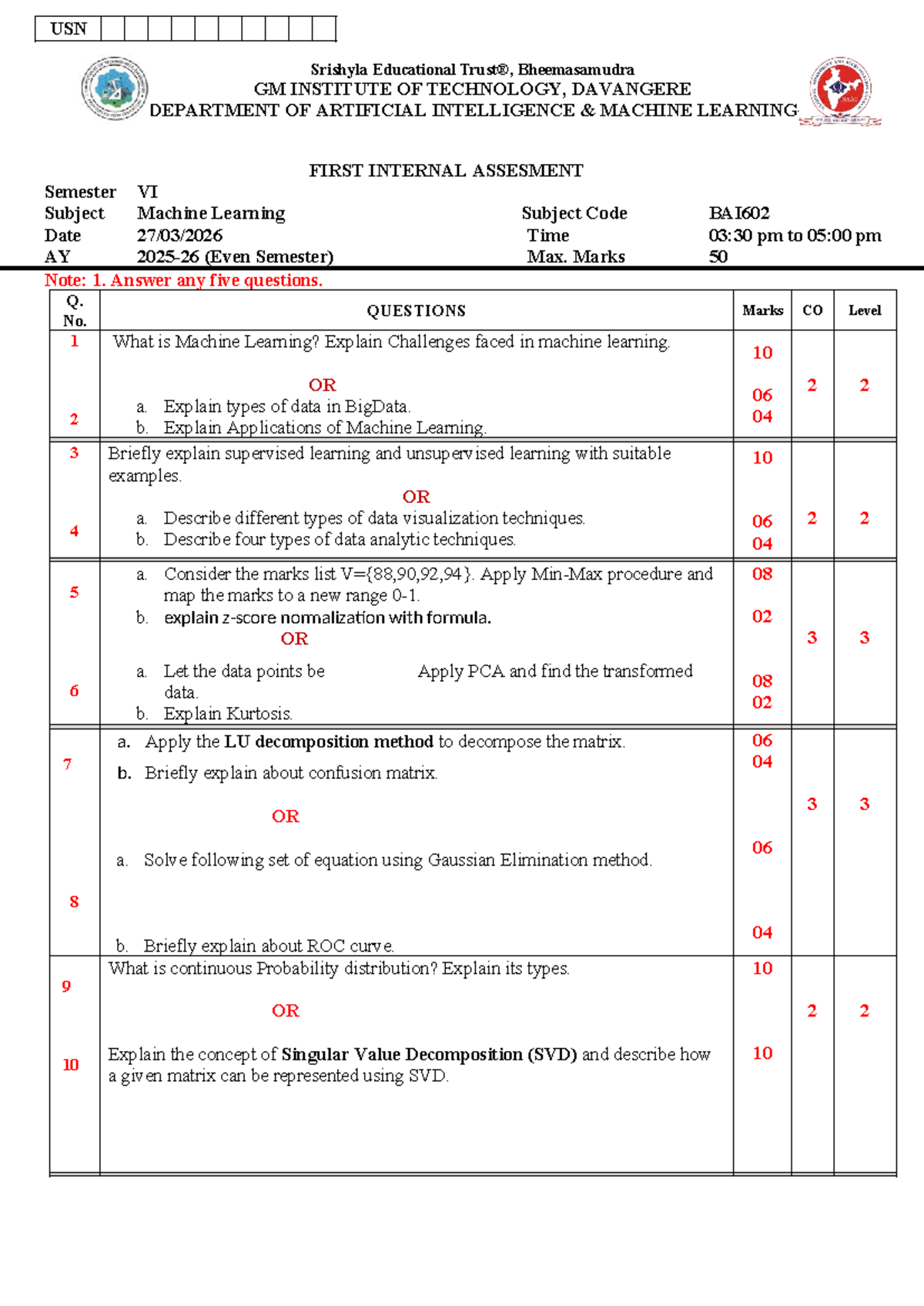 Machine Learning First Internal Assessment BAI602 QP - Studocu
