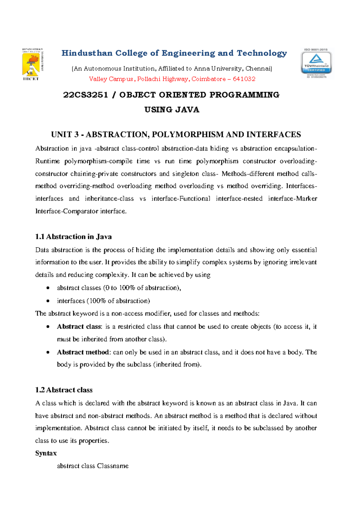 CS3251 UNIT 3: Abstraction, Polymorphism & Interfaces in Java - Studocu